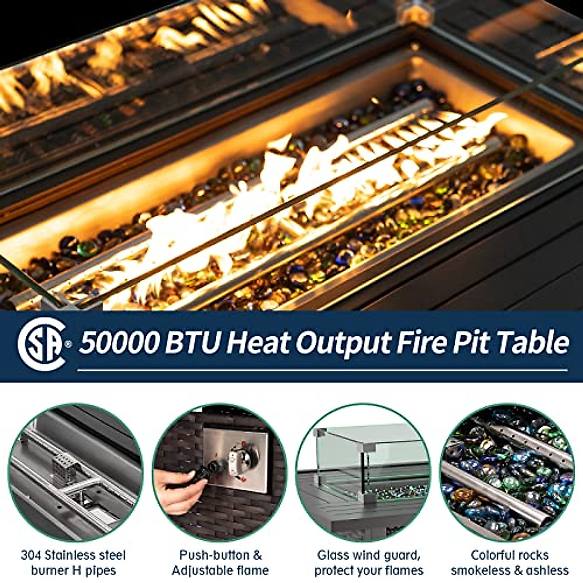 Amopatio 8 Pieces Patio Furniture Set Outdoor with Gas Fire Pit Table, PE Wicker Pit Conversation Sets, 44" Gas Fire Patio Sectional Furniture with Sky Blue Cushions, Coffee Table, 2 Waterproof Covers