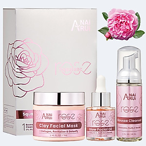 ANAiRUi Skin Care Set, Facial Kit for Women, Rose & Squalane Face wash and Moisturizer Set with Clay Mask, Face Cleanser and Facial Oil, Purify, Hydrate, Radiant, Rose Travel Skincare Set