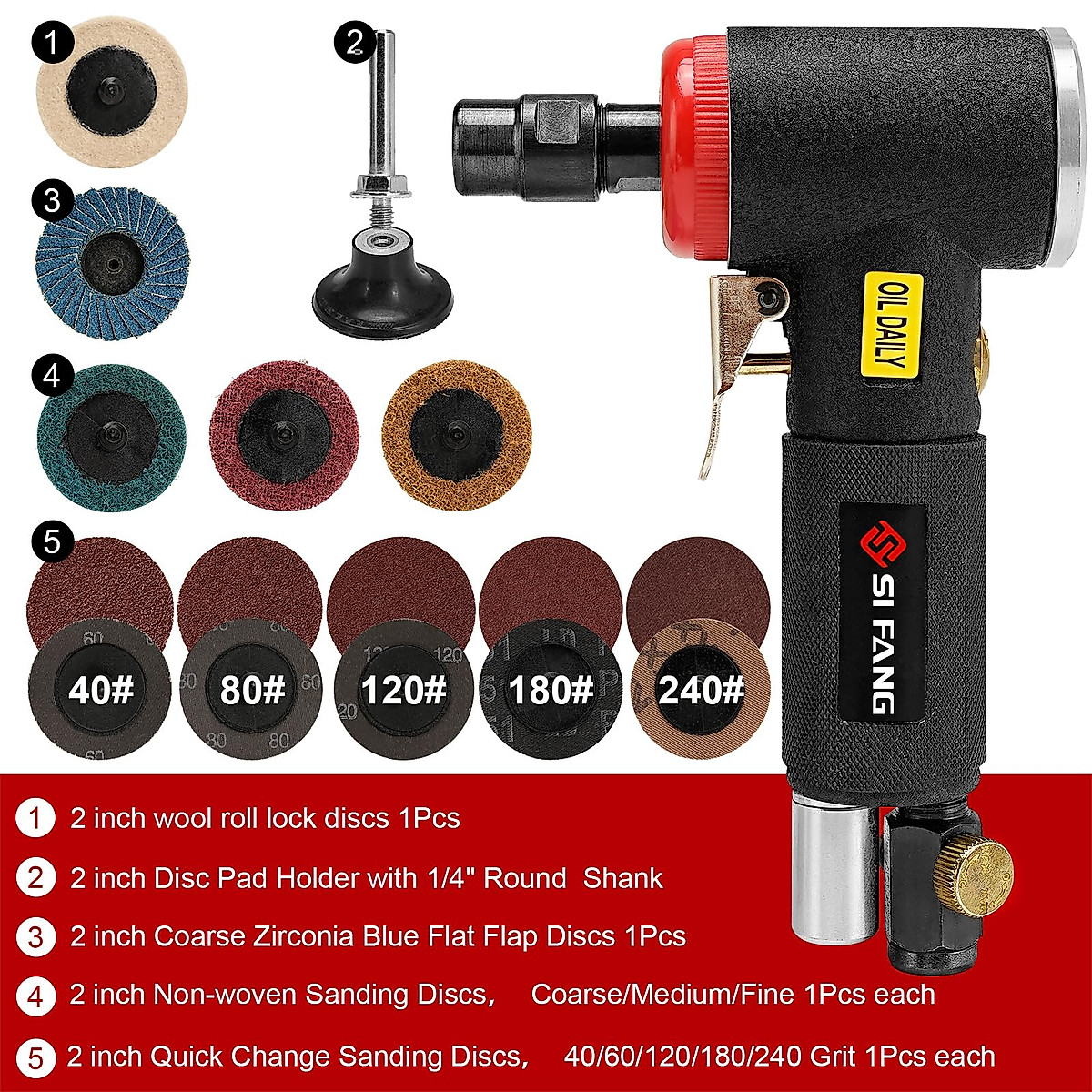 SI FANG 16Pcs Air Die Grinder Kit, Right Angle Die Grinder with 1/4" 1/8" Collets and 2" Quick Change Roll Lock Sanding Discs Accessories Set, 20,000RPM Pneumatic Air Grinding Tools Attachments Black