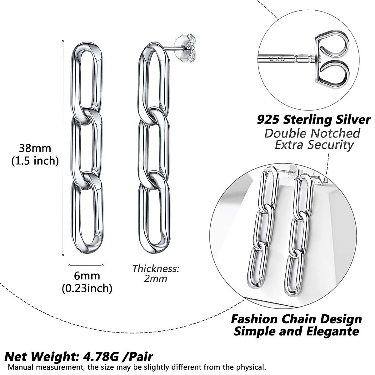 Chain Earrings for Women Solid Silver Dangling Cuban Chains Drop Ear Charms for Women