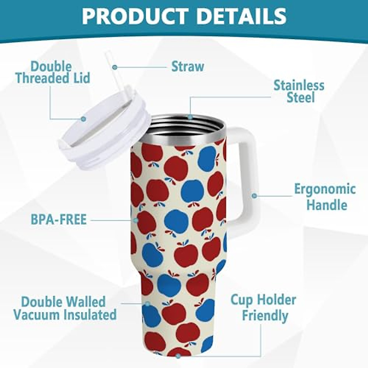 Wfrish Tumbler with Handle and Straw Lid,Red Blue Apple Print 40 oz Insulated Coffee Cup Stainless Steel Fruit Water Bottle Travel Mug Cupholder Friendly,Gifts for Women Men