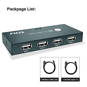 USB Switch for 2 Computers Sharing 4 USB 2.0 Port Devices, USB 2.0 Peripheral Switch Box Hub for One-Button Swapping, Compatible with Windows Mac Linux, Powered by USB, with 2 USB Cables