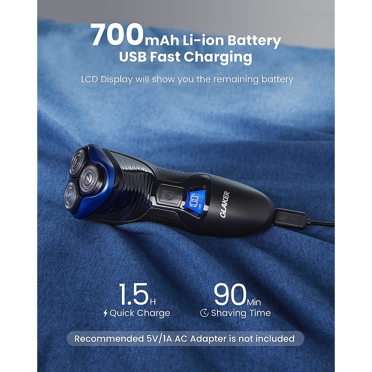 GLAKER Electric Razors for Men, Mens Electric Shaver Razor with Extra Shaver Head Cordless Waterproof Rechargeable, Electric Rotary Shaver with Pop-up Trimmer, LCD Display for Father's Gift