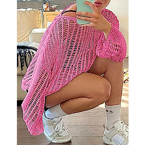 Crochet Tops for Women Summer Hollow Out Knit Sweaters Long Sleeve Crop Mesh Top Fashion Y2k Beach Cover Up Pink L