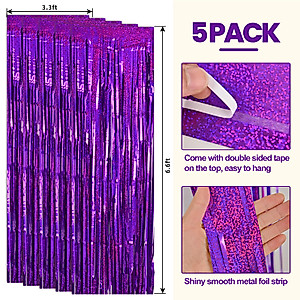 pabues 5 Pack 3.3ft x 6.6ft Laser Purple Tinsel Curtain Party Backdrop -Glitter Foil Fringe Curtain for Birthday Graduation Engagement Bridal Shower Bachelorette Baby Shower Party Decorations