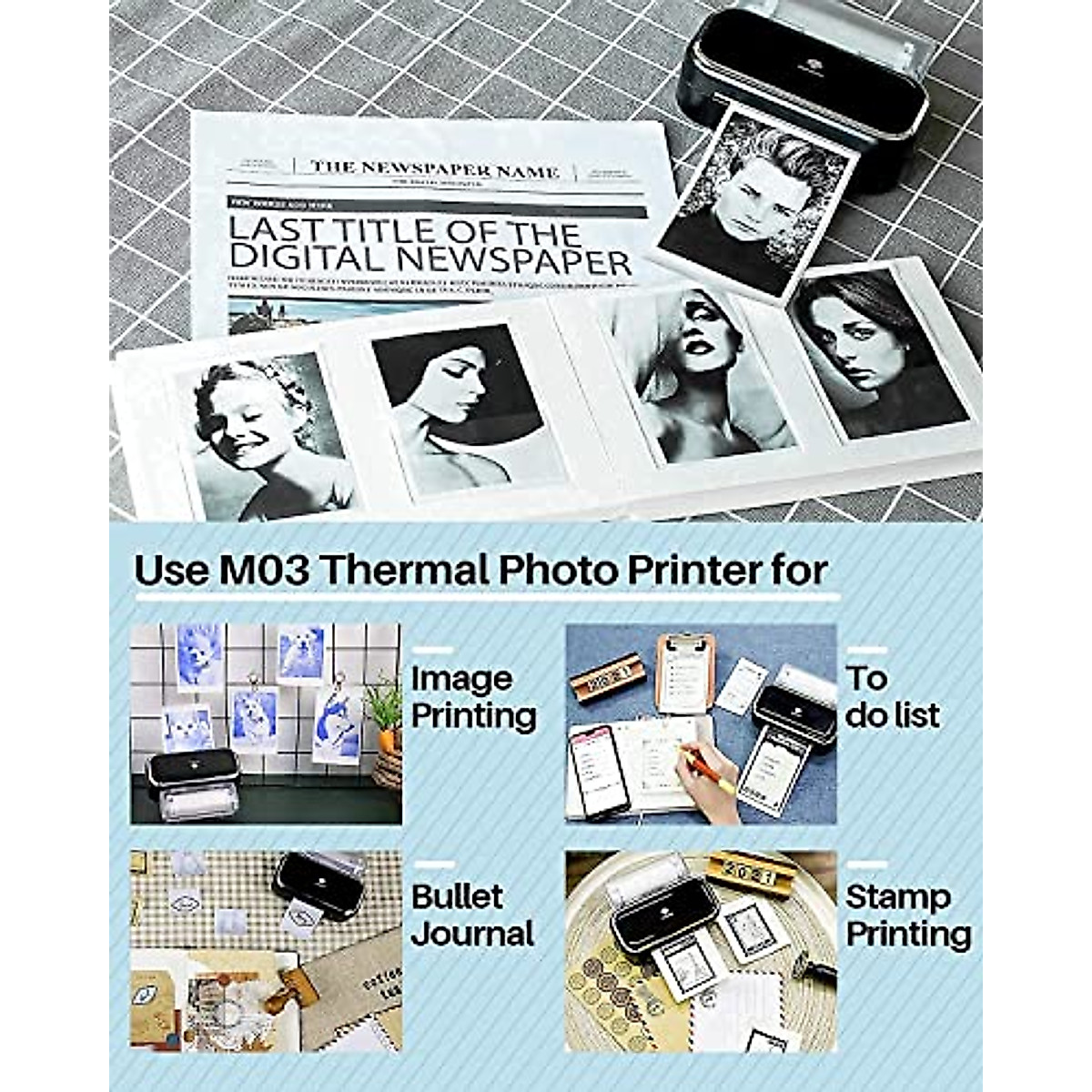 Phomemo M03 Pocket Printer- Portable Printer Photo Printer with 3 Roll 3 Inch Black on White, 77mm x 3.5m, 3 Inch X 11.5 ft, Compatible with iOS + Android for Photos, Journalist, Work, Plan-(Green)