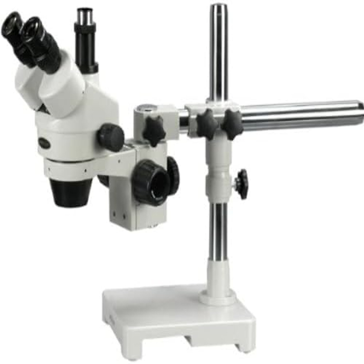 AmScope SM-3TZ Professional Trinocular Stereo Zoom Microscope, WH10x Eyepieces, 3.5X-90X Magnification, 0.7X-4.5X Zoom Objective, Ambient Lighting, Single-Arm Boom Stand, Includes 0.5X and 2.0X Barlow Lenses