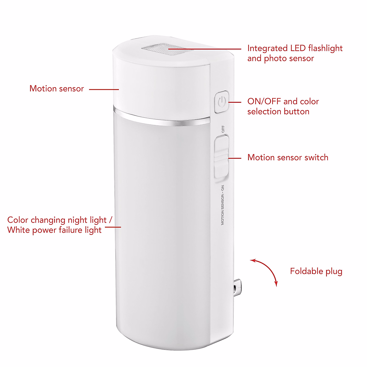 Sunbeam 3-Pack Emergency Power Failure Night Lights, 5-in-1, Multi-Color LED Light, Automatic Dusk to Dawn, Motion Sensor for Bedrooms, Hallways, Black Outs, Foldable Plug Flashlight, Rechargeable