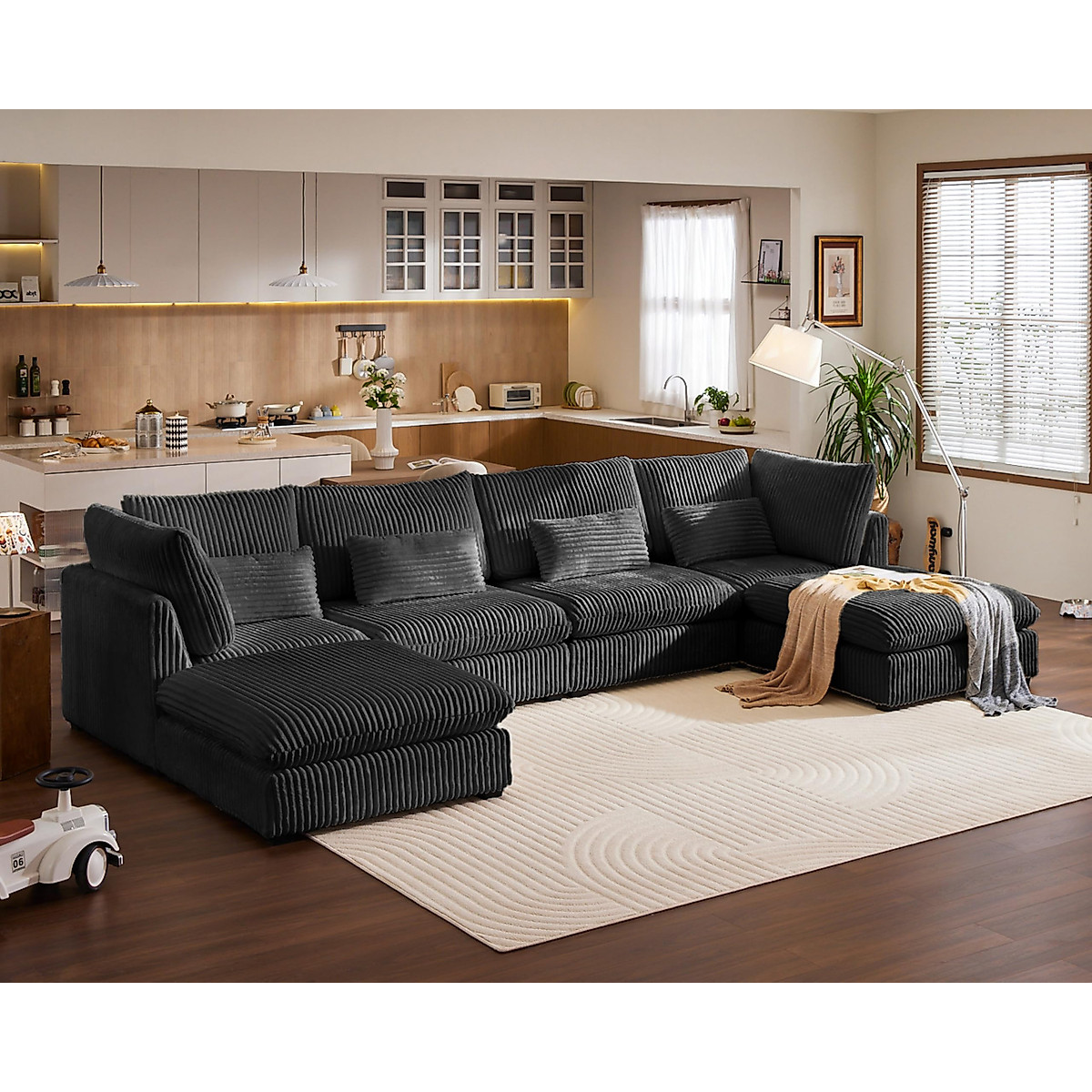 Cloud Oversized Modular Sofa, 160" Corduroy Wide Seat Sectional with Reversible Chaise, Shaped Couches Modern Comfy Fluffy Cushion Sleeper Sofa Bed with Convertible Ottoman for Living Room 6 Seater
