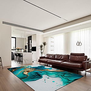 XUWEISI Teal Marble Area Rug, Turquoise Light Luxury Washable Rug 5x7ft, Gold Stamping Art Ink Painting Contemporary Accent Throw Rug for Living Room Bedroom Green Bathroom Rug