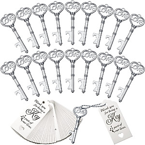 100 Sets Skeleton Key Bottle Openers for Bridal Shower Favors Wedding Souvenirs Gifts for Guests Love Heart Silver Bottle Openers and Tags and Keychain As Vintage Wedding Favors Party Keepsake Favors
