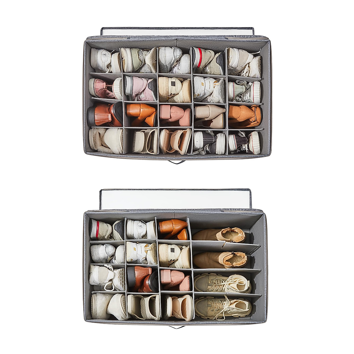 Berdeng Shoe Storage Organizer for Closet, Shoe Box Organizer, Space Saving Foldable Shoe Rack, Shoe Storage Cabinet with Clear Cover and Reinforced Handles, Fits 20 Pairs, Grey