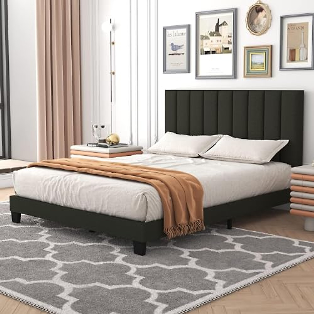 Queen Size Bed Frame with Adjustable Height Headboard, Upholstered Platform Bedframe with Wingback, Heavy-Duty Metal Frames with Solid Wooden Slats No Box Spring Needed, Dark Grey