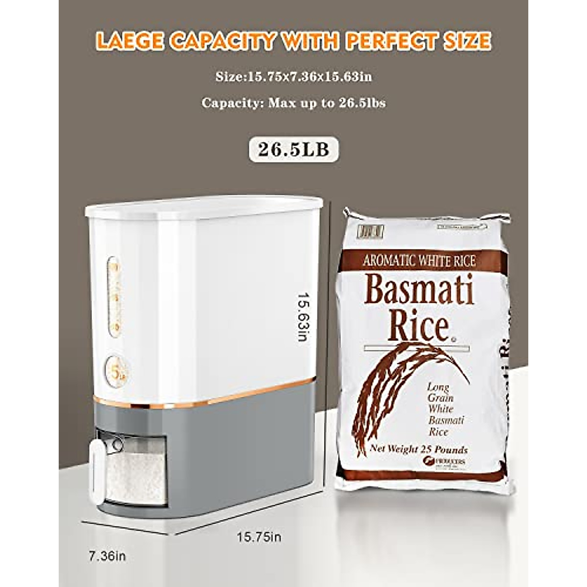 VenDotbi 26.5 Lbs Rice Dispenser, Rice Container with Measuring Cup, Large Capacity Food Storage Container with Lid, Food Dispenser Kitchen Organization for Home Kitchen Pantry Rice Soybean Corn