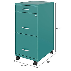 Space Solutions 18 Inch Wide Metal Mobile Organizer File Cabinet for Office Supplies and Hanging File Folders w/Pencil Drawer & 3 File Drawers, Teal