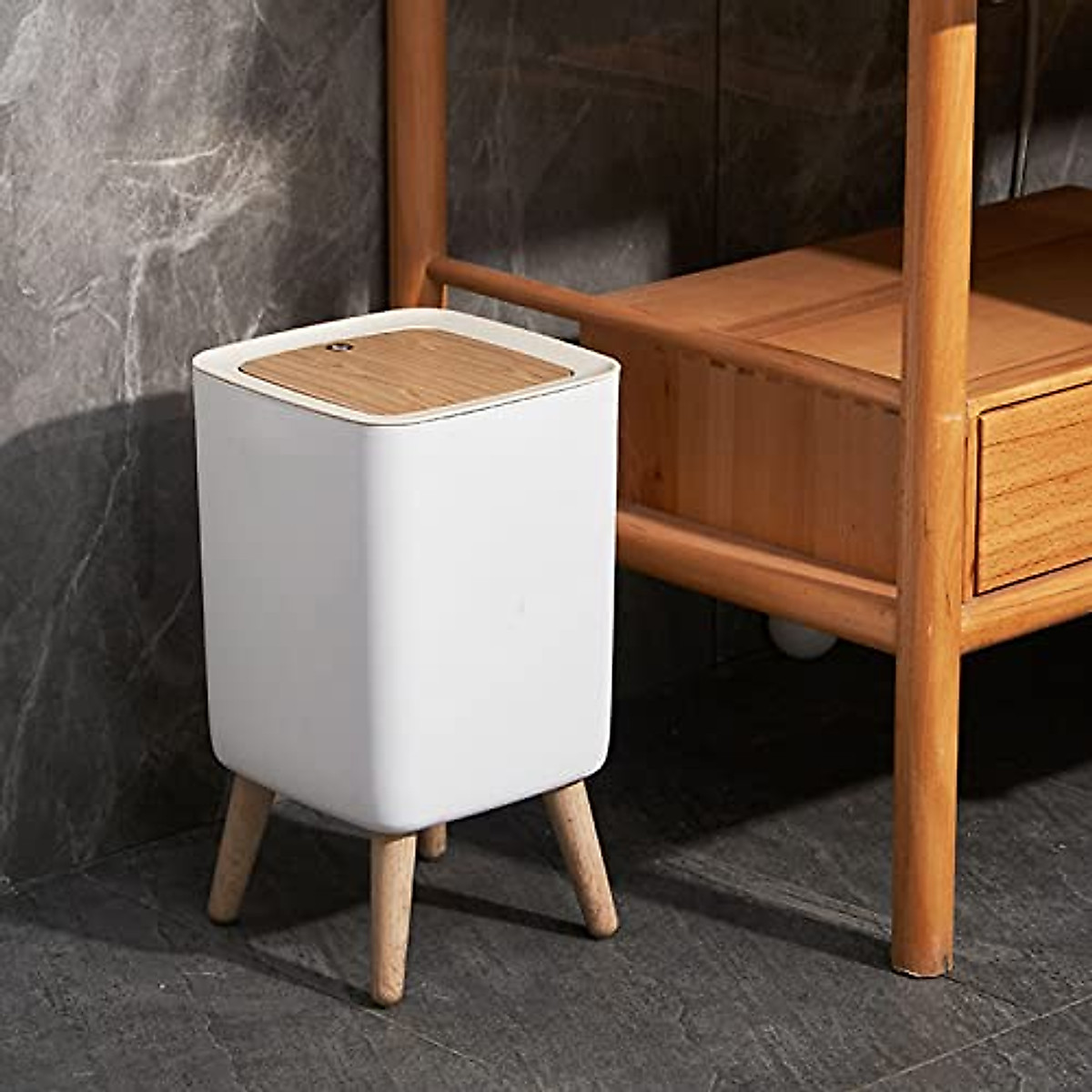 Nordic Style Trash Can,Push Top Garbage Bin with Lid,White Top Spring Waste Basket,Dog Proof Trash can，Plastic Trash Bin Suitable for Kitchen,Bathroom,Bedroom,Living Room,Office,Outdoor