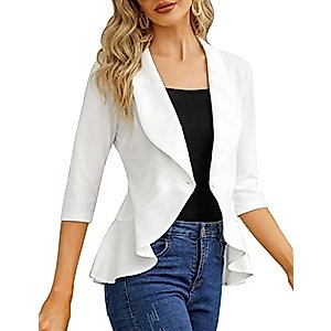 KOJOOIN Womens Casual Blazer 3/4 Sleeve Open Front Ruffle Work Office Cardigan Suit Jacket White XL