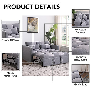 Gangnamri Loveseat Sleeper Sofa, Pull Out Sofa Bed with Adjustable Backrest and Pillows, Teddy Fabric Couch Bed for Living Room, Apartment and Small Space (Deep Grey+Light Grey)