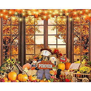 Fall Thanksgiving Backdrops for Photography Pumpkin Fall Window Photo Backdrop Scarecrow Maple Leaves Background Autumn Harvest Party Decorations Background Baby Shower Party Banner Photo Props 10x8ft