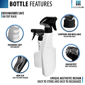 HAVENLAB 16oz 4 Pack Reusable Plastic Spray Bottle Sprayer for Bleach, Auto Detailing, Water Plants, Grilling, Haircuts, Cleaning, Disinfectant, Chemicals, HDPE, Non-BPA, Easy Squeeze Trigger.