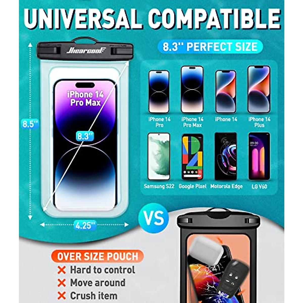 Hiearcool Waterproof Phone Pouch, Waterproof Beach Bag Compatible for iPhone 15 14 13 12 Pro Max Up to 8.3", IPX8 Cellphone Kayak Accessories, Travel Essentials for Beach -Clear-2Pack