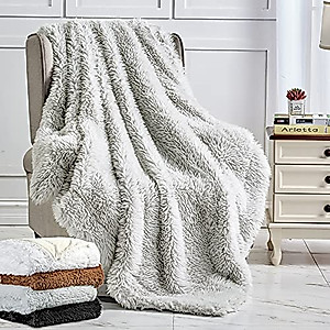 Plush Faux Fur Throw Blanket, Large Grey Throw Blanket for Couch and for Bed, Super Soft Long Hair Shaggy Blanket, Thick, Elegant, Cozy and Fluffy Minky Blanket 50''×60''