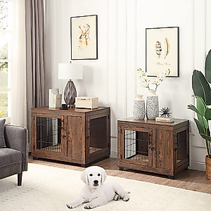 beeNbkks Furniture Style Dog Crate, Double Doors Wooden Wire Dog Kennel End Table, Pet Crate with Soft Bed, Decorative Dog House Pet Furniture Indoor Use