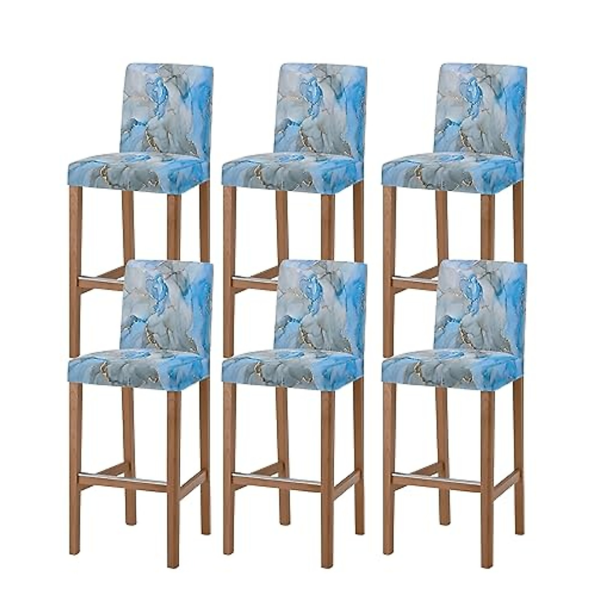 Bar Stool Covers Set of 6 Stretch Chair Covers Washable Removable Chair Slipcover Reusable Armless Dining Room Chair Covers for Kitchen Short Back Chair,Watercolor Marble Gold Edge Texture Blue Gray