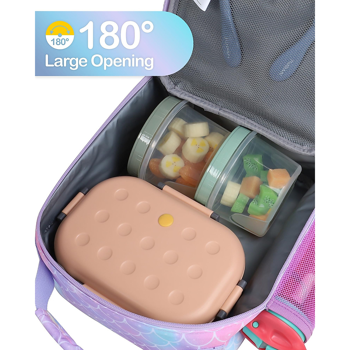 Bagseri Kids Lunch Box Insulated - Lunch Box Bag for Girls, Portable Reusable Toddler Lunch Cooler Bag for School, Water-resistant Lining (Purple, Glitter Mermaid Scale)