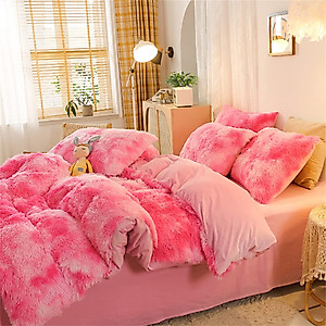 chovy Faux Fur Tie-Dyed Pink White Red Colorful Comforter Cover Duvet Cover Queen - 3PC Bed Set Ultra Soft Plush Flannel Velvet Fluffy Fuzzy Bedding（Duvet Cover x 1 Pillowcases x 2
