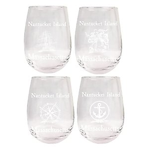 R and R Imports Nantucket Island Massachusetts Souvenir 9 Ounce Laser Engraved Stemless Wine Glass Nautical Designs 4-Pack