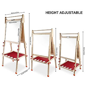 Kids Wooden Art Easel Double-Sided Whiteboard and Chalkboard Adjustable Standing Easel with Paper Roll Holder,Letters and Numbers Magnets and Other Accessories Gift for Kids Toddlers Boys and Girls