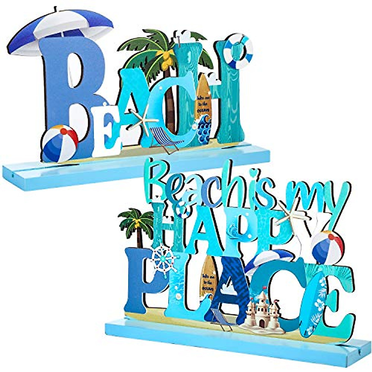 2 Pcs Beach Sign Ocean Sea Animal Party Decor Beach is My Happy Place Plaque Sign Wooden Table Decorations for Coastal Theme Interior Beach House Home Beach Bathroom Decor, 7.87 x 4.72 Inch