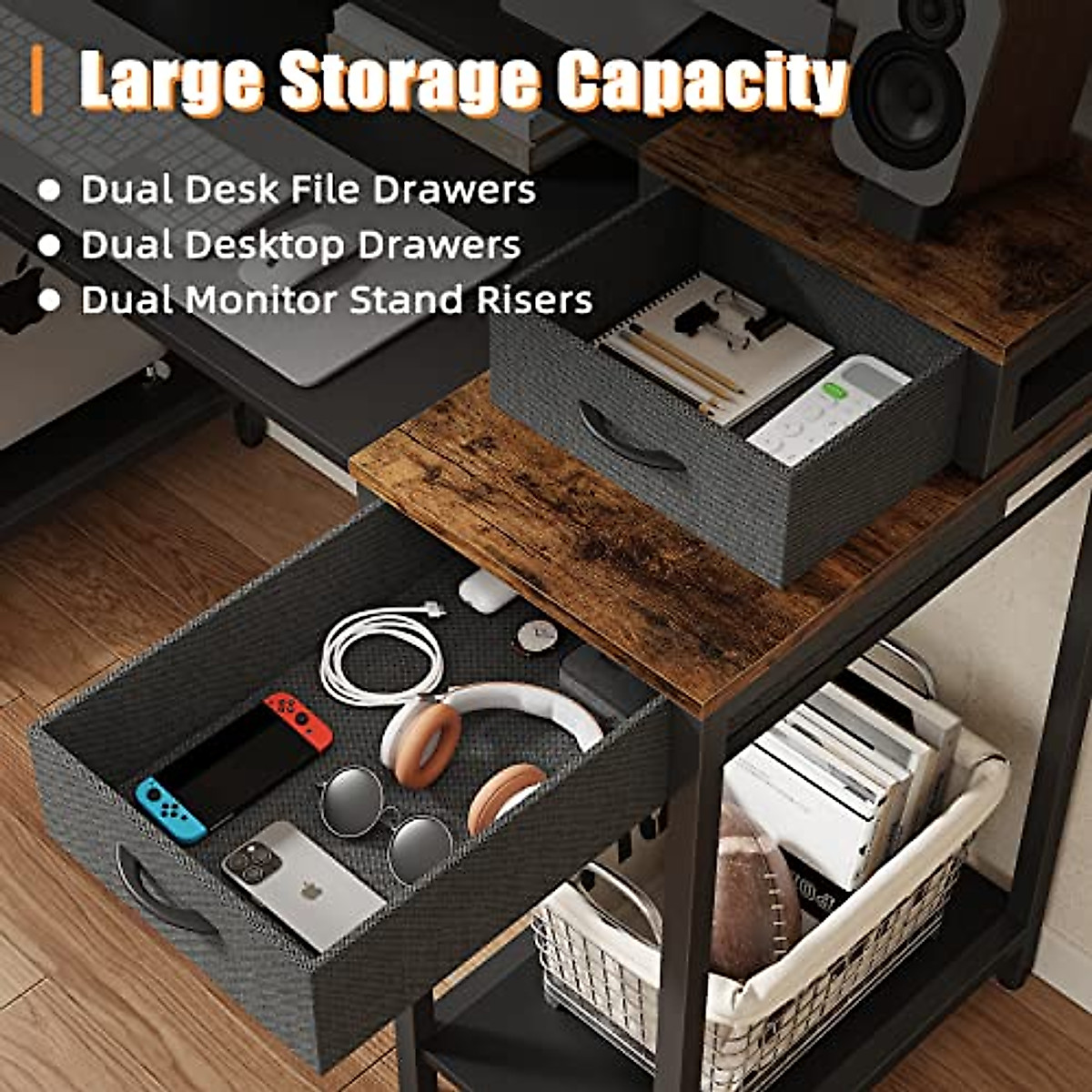 YAOHUOO Computer Desk with Dual Monitor Stands - 48'' Office Desk Writing Desk with 4 Drawers and Keyboard Storage, Work Desk with Dual PC Mainframe Shelves for Storage (Rustic Brown, 48)