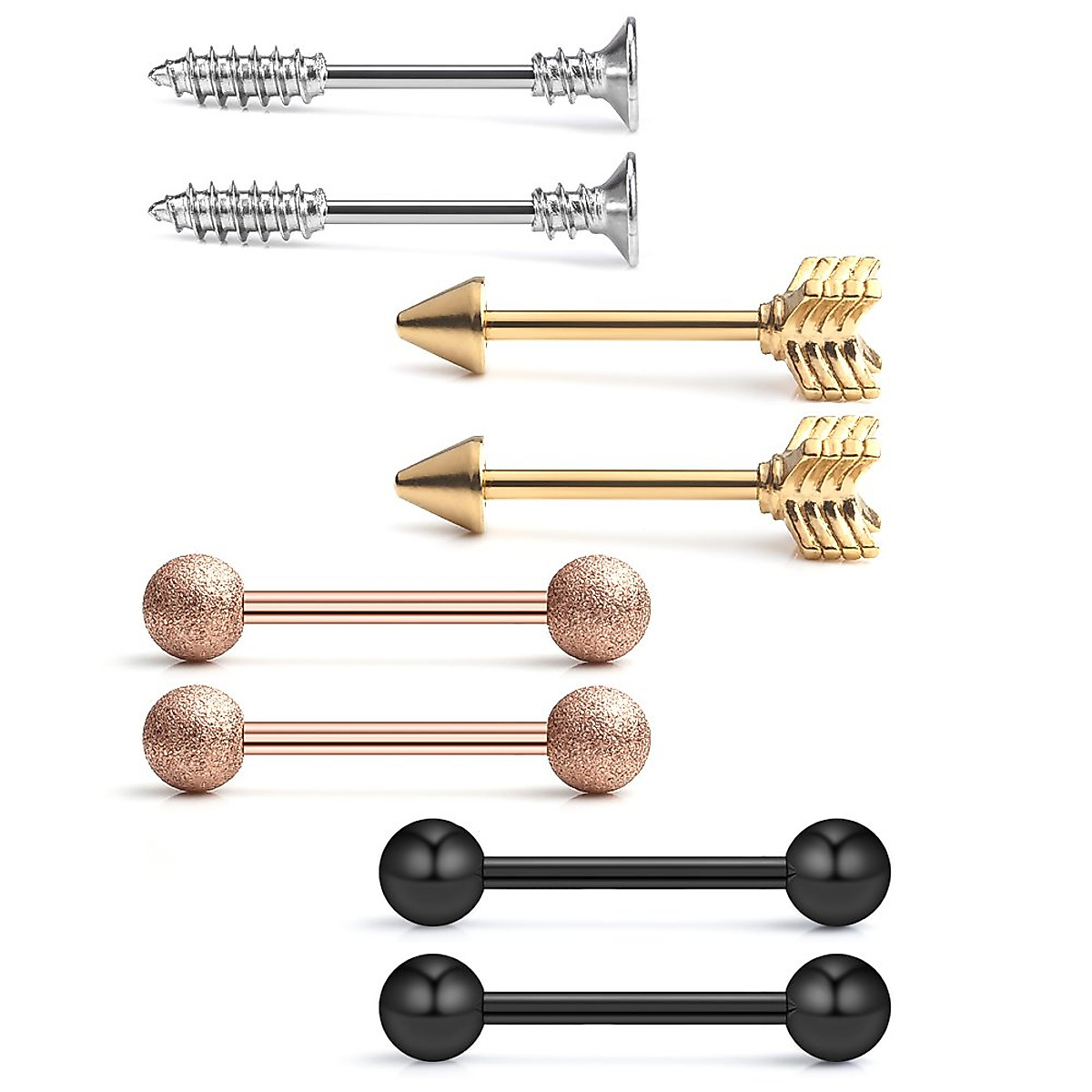 Ruifan 14G 9/16Inch Shiny Ball & Matte Ball & Arrow & Screw Nipple Tongue Shield Ring Barbell Body Piercing Jewelry Retainer 4prs(8pcs) - Mix Color