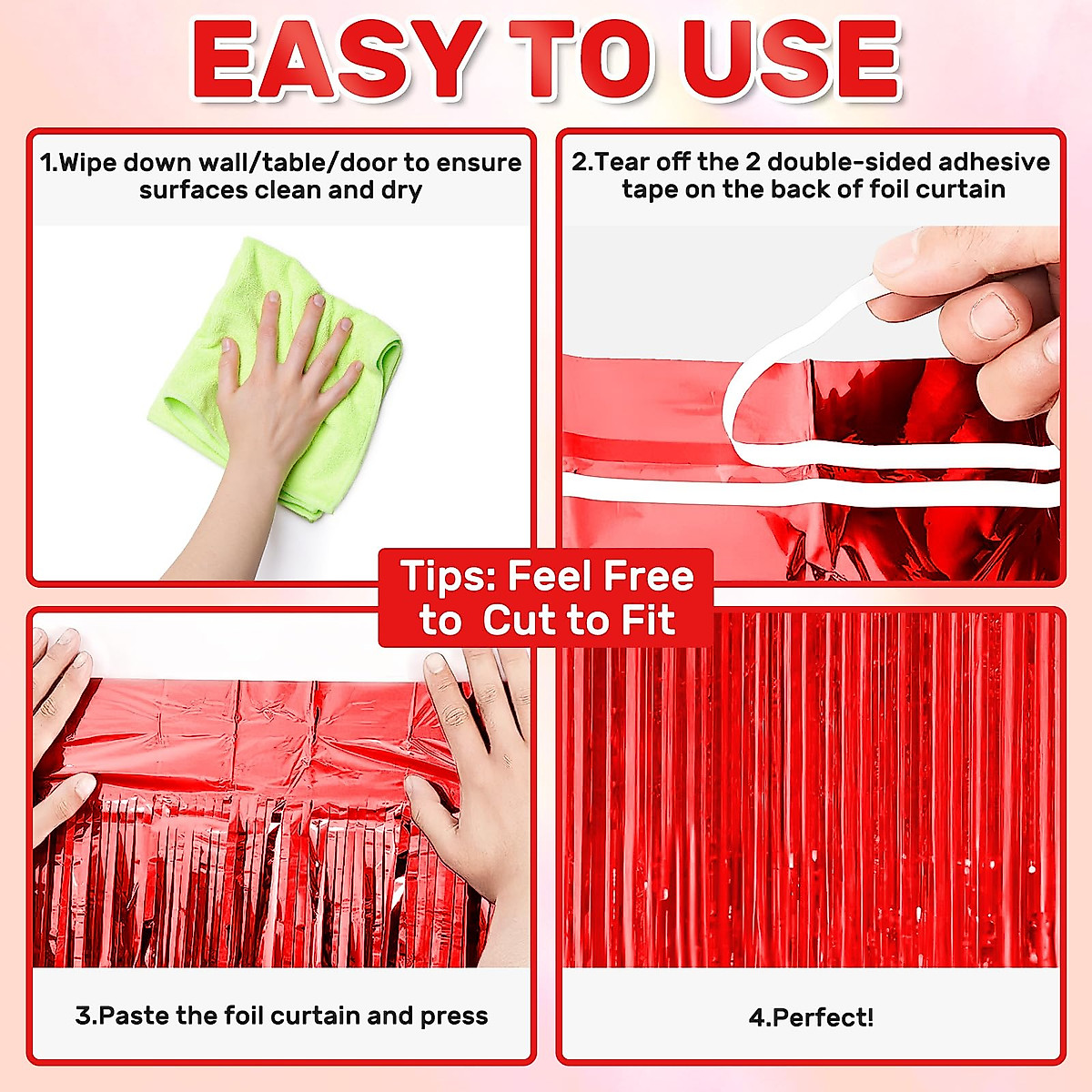 4-Pack Backdrop for Party Decorations, Foil Fringe Backdrop Curtains, Tinsel Streamers for Birthday Party Decorations, Tinsel Curtains for Halloween Valentine Disco Hollywood Theme Parties (Red)