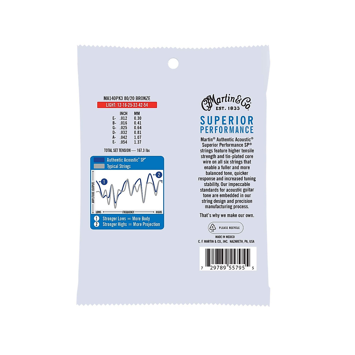 Martin Authentic Acoustic Guitar Strings, Superior Performance Light 12-54, 80/20 Bronze, 3 Pack