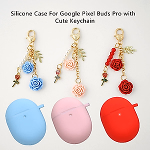 for Google Pixel Buds Pro Case Cover with Keychain,Cute Silicone for Pixel Buds Pro Charging Case Protective Cover with Flowers Carabiner Key Chains for Google Buds pro case for Women Girls (Green)
