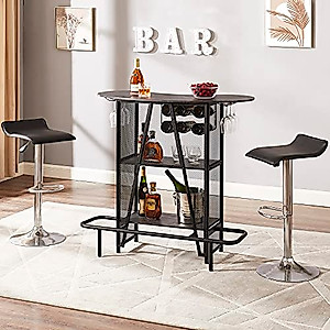 VECELO Bar Unit with Metal Mesh Front, 3-Tier Wine Rack Table with Glasses Holder, Home Liquor Cabinet with Storage and Footrest for Living Room, Kitchen, Cement Grey