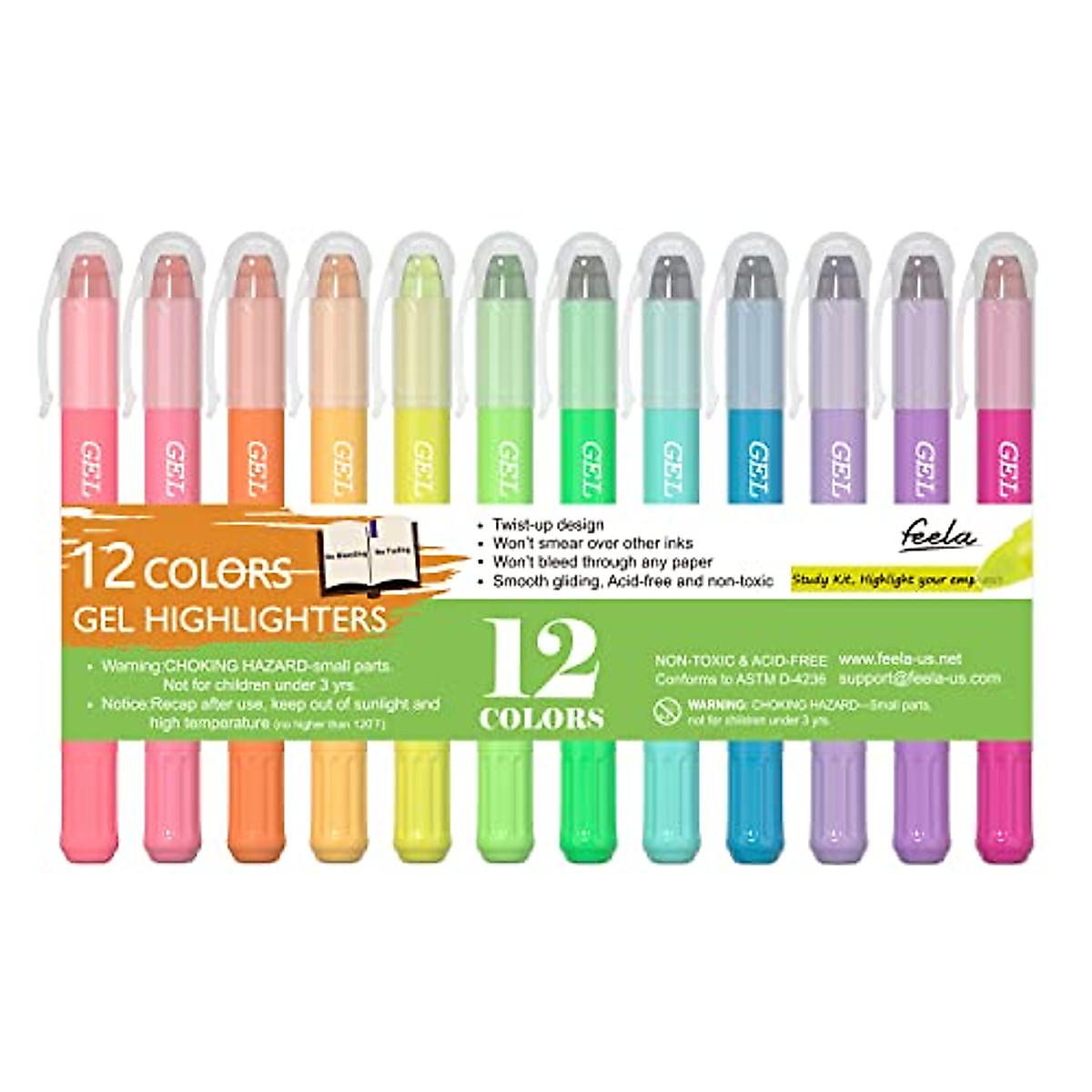 feela 12 Colors Bible Gel Highlighters, Gel Highlighter Markers Study Kit, Good For Highlighting Journal School Office