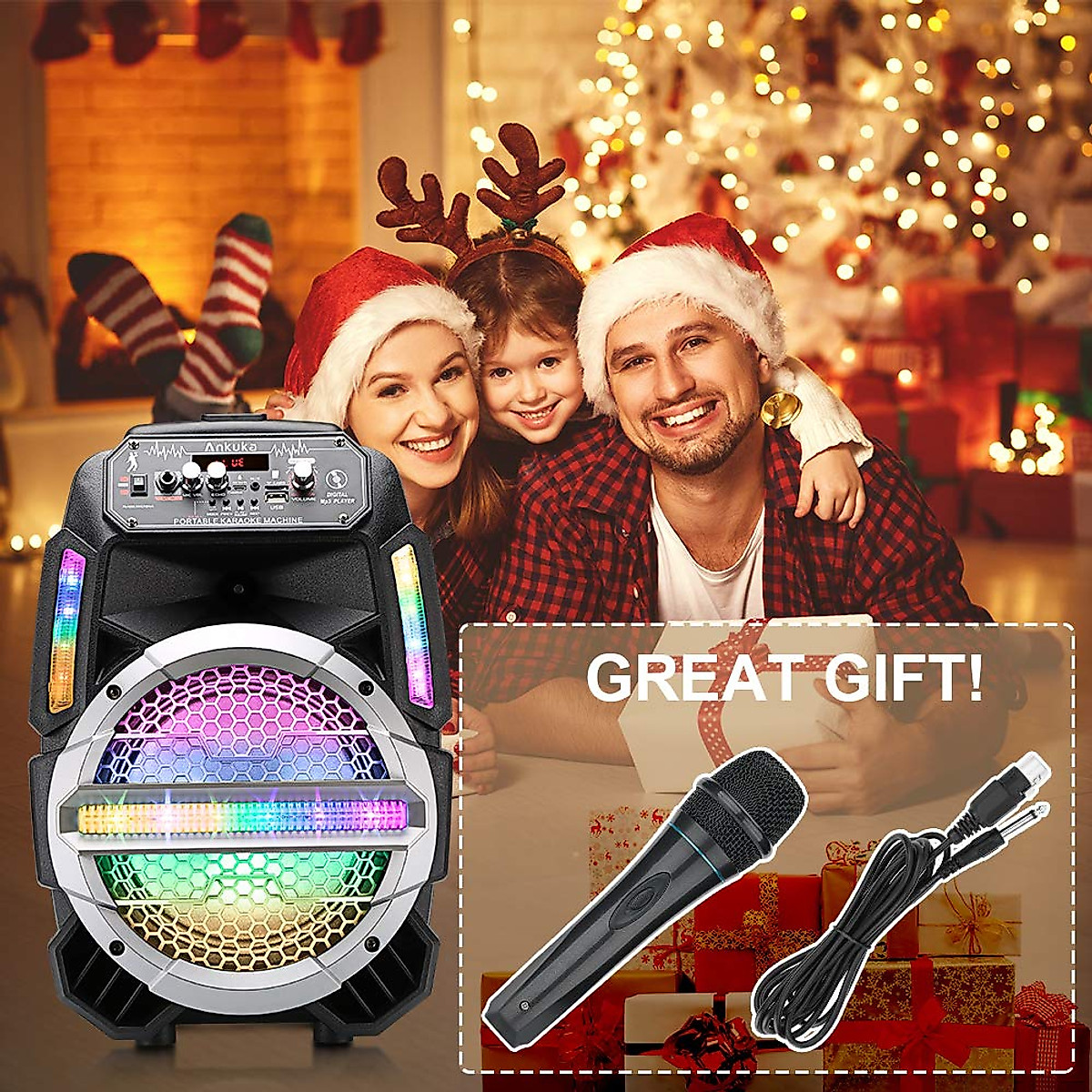 Ankuka Bluetooth Karaoke Machine for Kids and Adults with Colorful LED Lights, Wireless PA Speaker Sound System with 8'' Subwoofers and Wired Microphone for Party, Singing