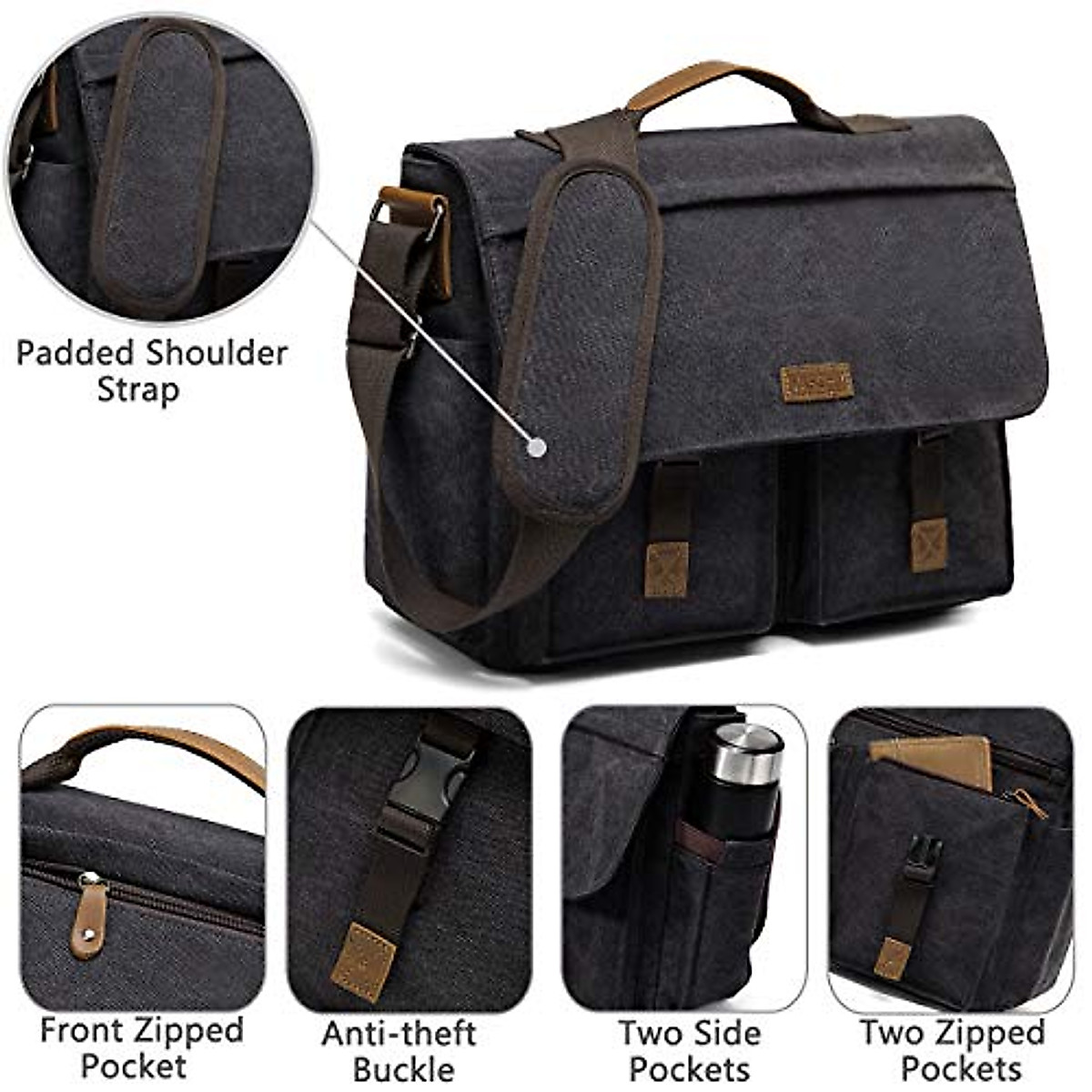 VASCHY Messenger Bag for Men, Vintage Water Resistant Waxed Canvas Satchel 15.6 inch Laptop Briefcase Shoulder Bag with Padded Shoulder Strap Gray