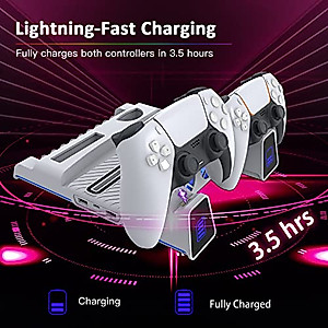 NexiGo PS5 Slient Cooling Stand with RGB LED Light, Dual Charging Station Compatible with DualSense Edge Controller, Hard Drive Slot, Headset and Remote Holders, 10 Game Slots, White