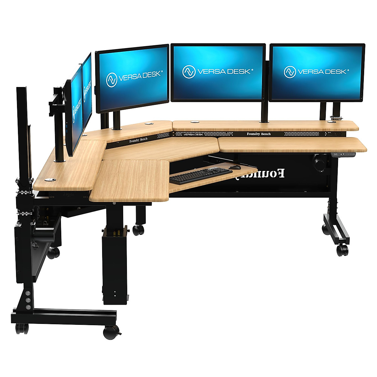 VERSADESK® Foundry Bench 80" x 80" Extra Wide L-Shaped Split-Level Corner Standing Desk | Electric Height Adjustable. 1" Bamboo Surface. USB & USBC Charging Ports. Mobile App Controllable.