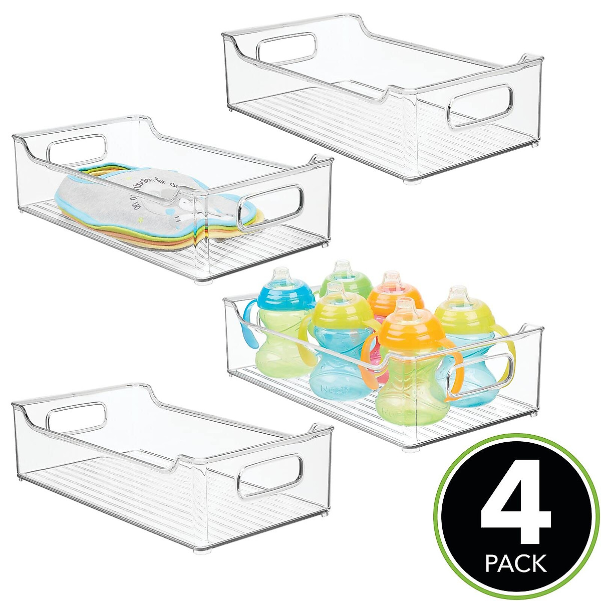 mDesign Wide Plastic Nursery Storage Container Bins with Handles for Organization in Cabinet, Closet or Cubby Shelves - Organizer for Baby Food, Bibs, Formula, and Burp Cloths - 4 Pack - Clear
