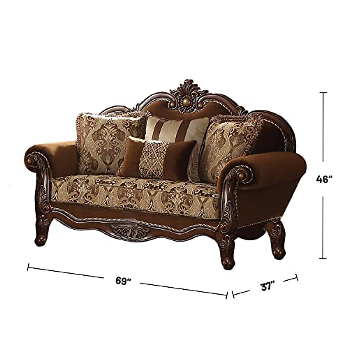 simple relax Cherry Oak Fabric Upholstered Wooden Loveseat with Rolled Arms