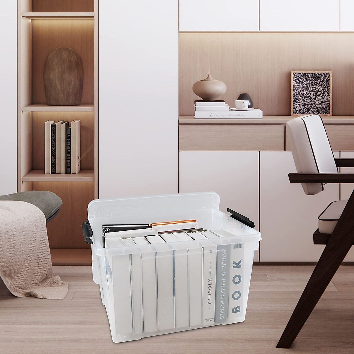 Drephia 4 Pack Clear Latch Storage Bin with Lid and Wheels, 50 L Large Plastic Storage Box