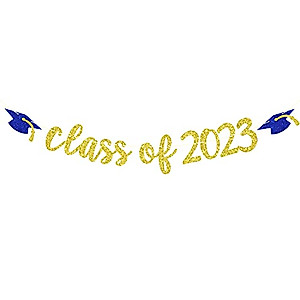 Class of 2023 Banner - 2023 Graduation Banner, Congrats Grad, High School/College/University Graduation Party Decorations, Gold and Blue Glitter