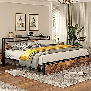 LIKIMIO King Bed Frame with Storage Headboard, Platform Bed with Drawers and Charging Station, No Box Spring Needed, Easy Assembly, Vintage Brown