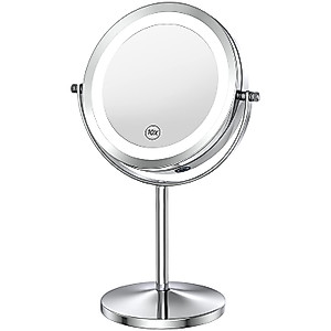 Benbilry Lighted Makeup Mirror with Lights and Magnification 10X/1X, Double Sided 360° Swivel 7" LED Dimmable Vanity Mirror with Touch Control Switch, Battery Operated Cordless Standing Shaving Mirror